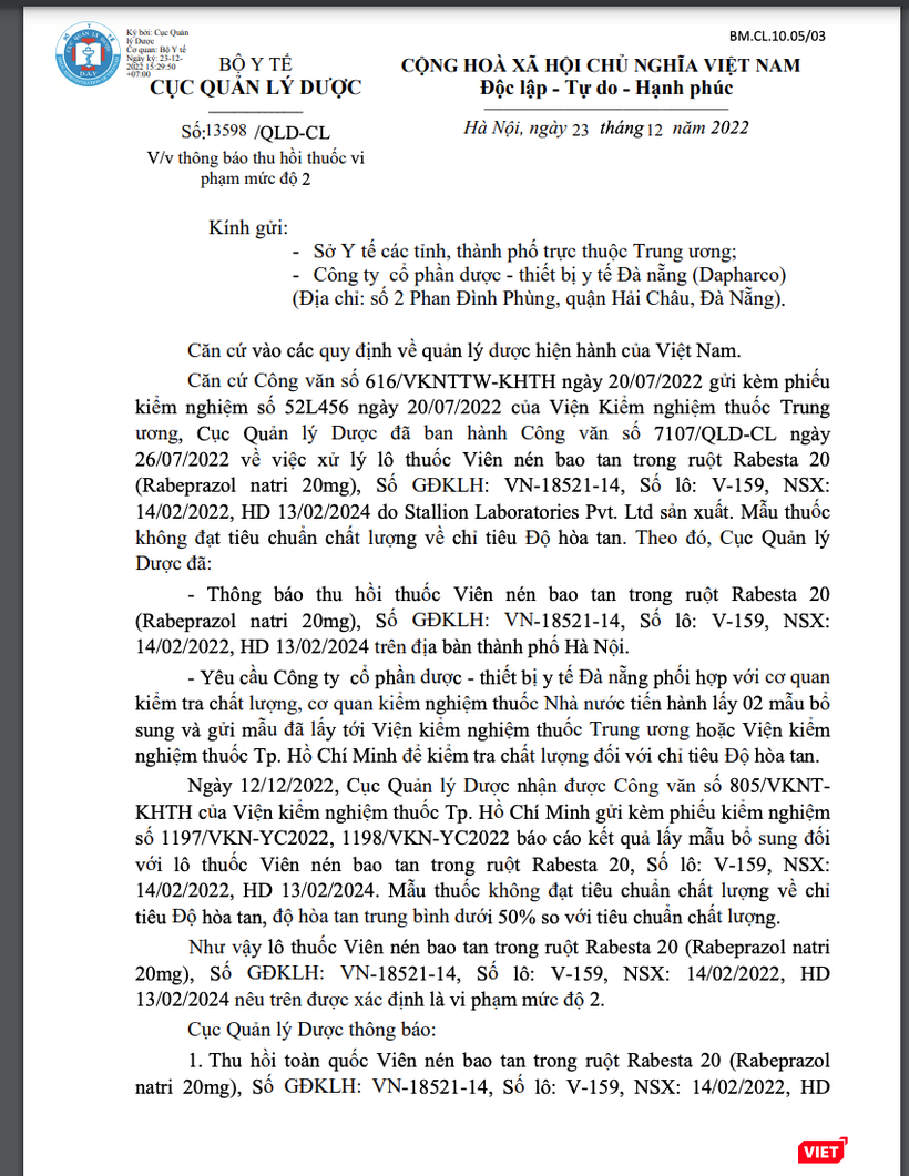 Thu hồi lô thuốc Rabesta 20 kém chất lượng do Công ty Cổ phần Dược ...